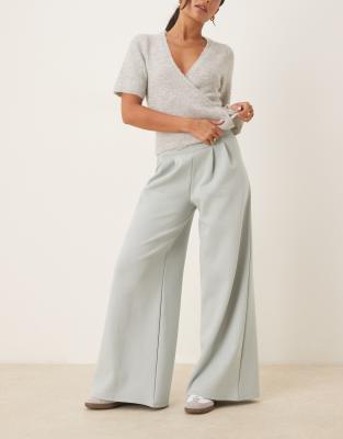 ASOS DESIGN tailored pleated wide leg interlock trousers in grey | ASOS