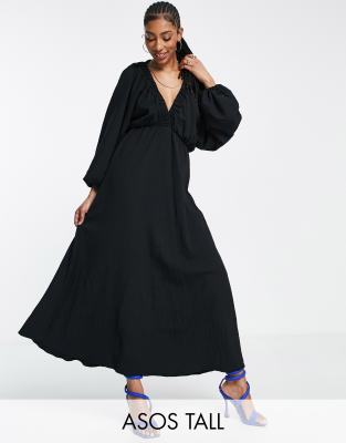 ASOS DESIGN Tall - Diepuitgesneden maxi-jurk met textuur en vleermuismouwen in zwart | ASOS