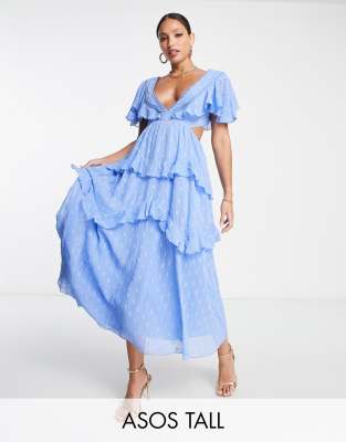 ASOS DESIGN Tall dobby tiered midi dress with lace insert and open back in blue | ASOS