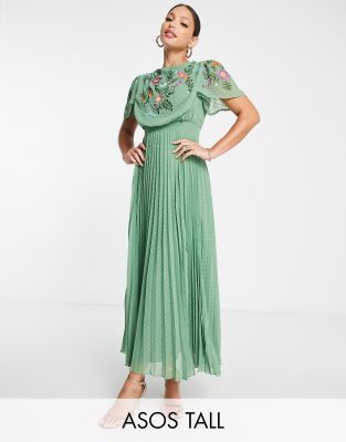 ASOS DESIGN Tall - Geplooide midi jurk van dobbystof met gedrapeerde halslijn en versiering in ...