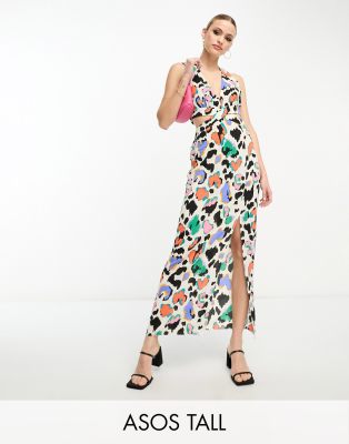ASOS DESIGN Tall halter neck cut out midi dress in coloured print | ASOS