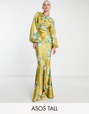 ASOS DESIGN Tall - Hoogsluitende schuingesneden maxi-jurk met grote bloemenprint in olijfgroen ...