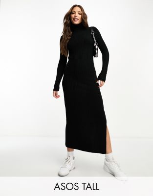 ASOS DESIGN Tall knit maxi dress with high neck and side split in black ...