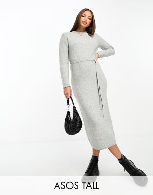 ASOS DESIGN Tall knitted midi dress with tie waist in gray | ASOS