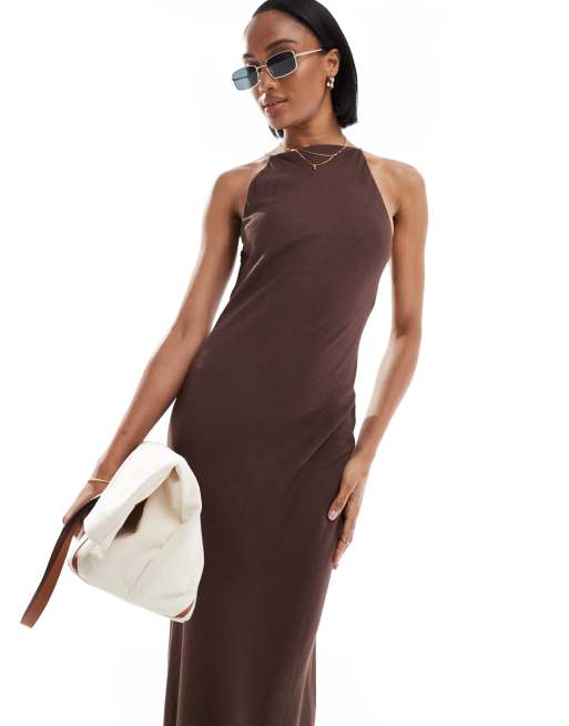 ASOS DESIGN Tall linen racer maxi sundress in mocha | ASOS