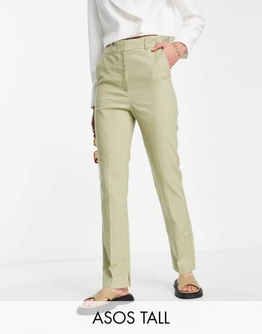 Asos Design Tall Linen Slim Skim Cigarette Pants In Olive Asos