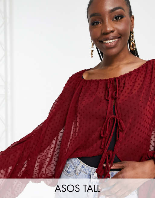ASOS DESIGN Tall long sleeve sheer dobby plunge top in dark red | ASOS