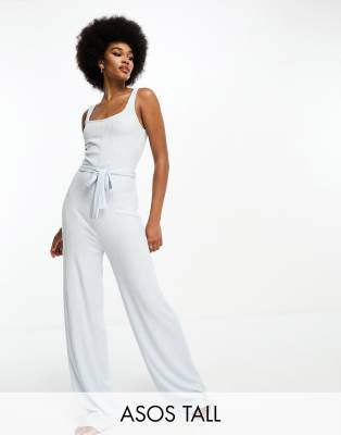 ASOS DESIGN Tall lounge super soft rib square neck jumpsuit in blue | ASOS