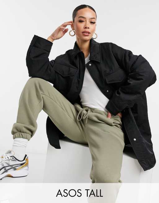 ASOS DESIGN Tall nylon tech shacket with quilted lining in black | ASOS