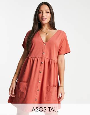 ASOS DESIGN Tall oversized button through mini smock dress in ginger | ASOS