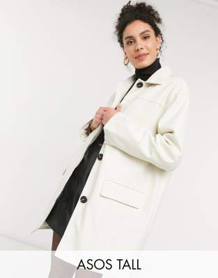ASOS DESIGN Tall oversized faux leather quilt lined shacket in cream | ASOS