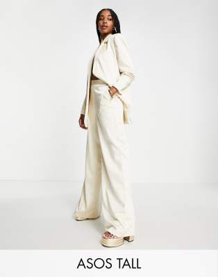 ASOS DESIGN Tall pinstripe satin high rise wide leg suit pants in cream ...