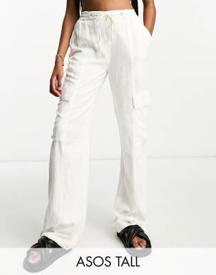 ASOS DESIGN Tall pull on cargo trouser with linen in off white | ASOS