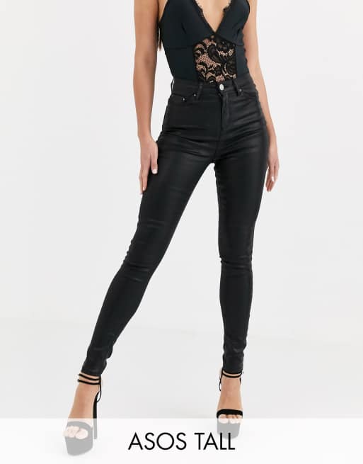 Asos Design Tall Ridley High Waist Skinny Jeans In Black Coated Asos