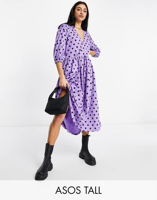 ASOS DESIGN Tall - Robe babydoll mi-longue à pois avec top cache-cœur - Violet et noir | ASOS