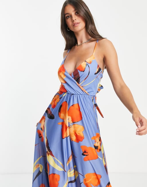 ASOS DESIGN Robe Longue D'été à Fines Bretelles En Lin Avec Fente Et Imprimé Ondulations De ...