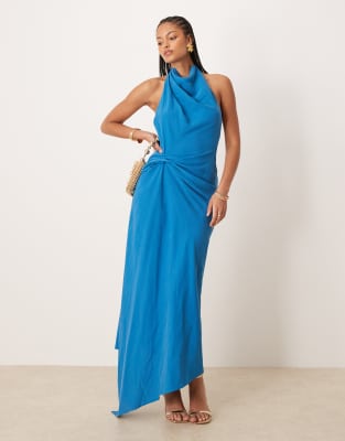ASOS DESIGN Tall - Robe longue avec encolure licou et plis à la taille - Bleu de cobalt | ASOS