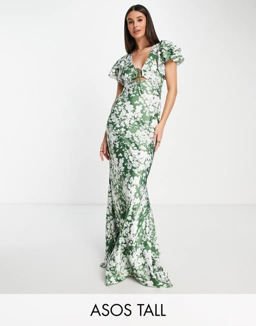 ASOS DESIGN Tall - Robe longue en satin coupé en biais avec manches à volants, liens sur l'avant ...