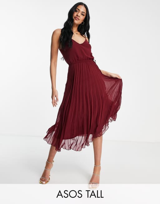 ASOS DESIGN Tall - Robe mi-longue caraco plissée avec taille à cordon de serrage - Bordeaux | ASOS