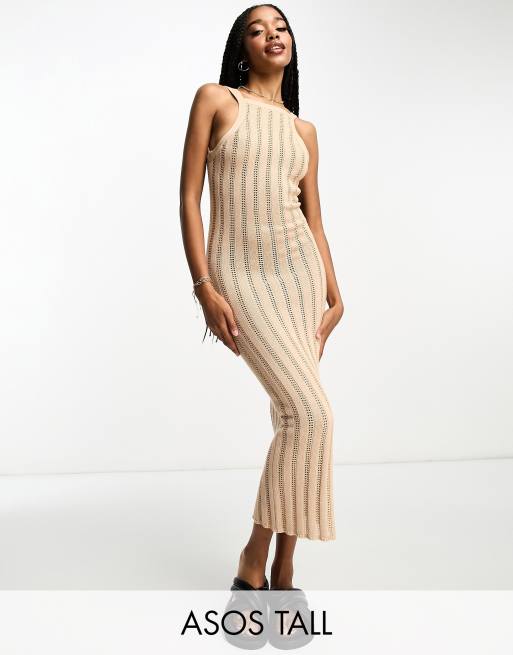 ASOS DESIGN Tall - Robe mi-longue en maille épaisse avec décolleté dans le dos - Taupe | ASOS