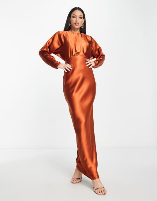 ASOS DESIGN Tall satin batwing bias cut maxi dress in rust | ASOS