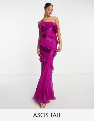 ASOS DESIGN Tall satin bias ruffle maxi dress in plum | ASOS