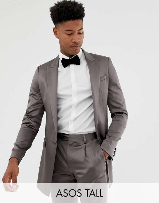 ASOS DESIGN Tall skinny suit in high shine gunmetal sateen | ASOS