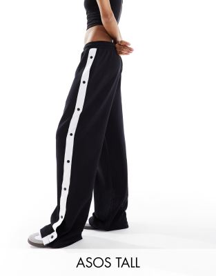 ASOS DESIGN Tall straight leg trackies with side poppers in black | ASOS