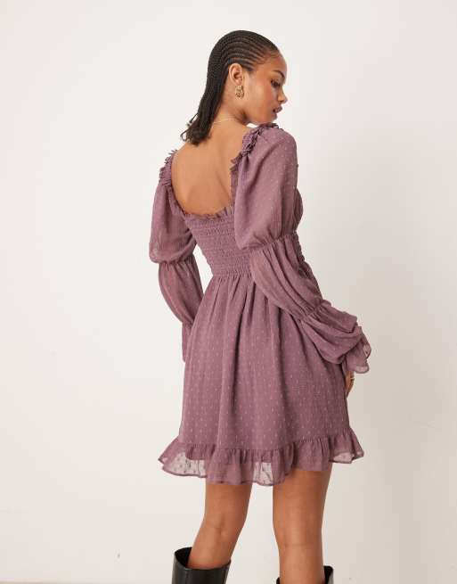 ASOS DESIGN Tall textured milkmaid long sleeve shirred waist mini dress in mauve | ASOS