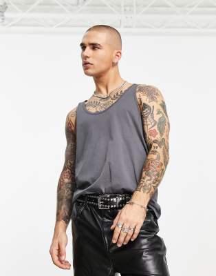 ASOS DESIGN tank top with crew neck in washed black | ASOS