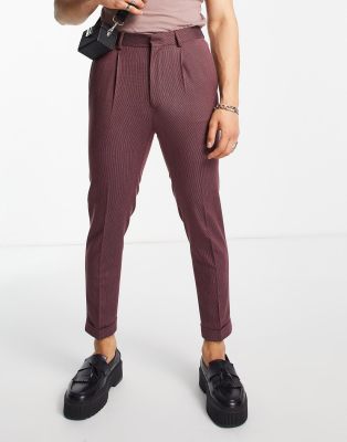 Asos Design Tapered Turnup Smart Pants In Burgundy Micro Texture In Red