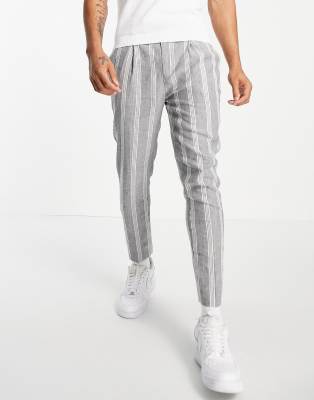 ASOS DESIGN tapered smart pants in gray linen mix stripe | ASOS