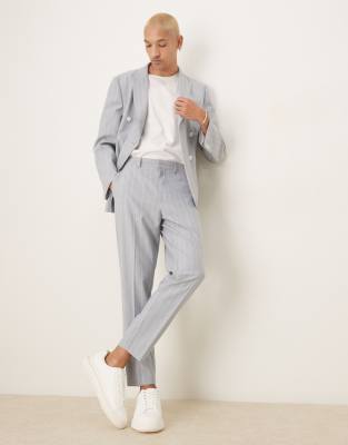 ASOS DESIGN tapered suit trousers in blue pinstripe with linen | ASOS
