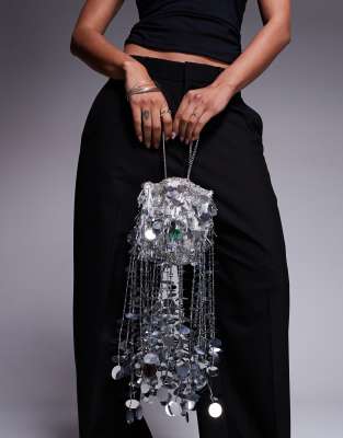 ASOS DESIGN tassel sequin bucket grab bag in silver | ASOS