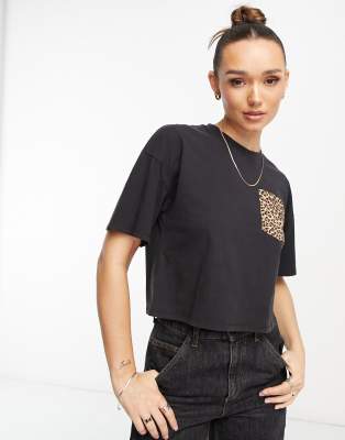 ASOS DESIGN tee with leopard print pocket in washed black | ASOS