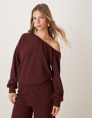 ASOS DESIGN textured brushback off shoulder sweat in brown | ASOS