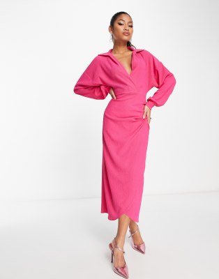 ASOS DESIGN textured collared wrap midi dress in bright pink | ASOS