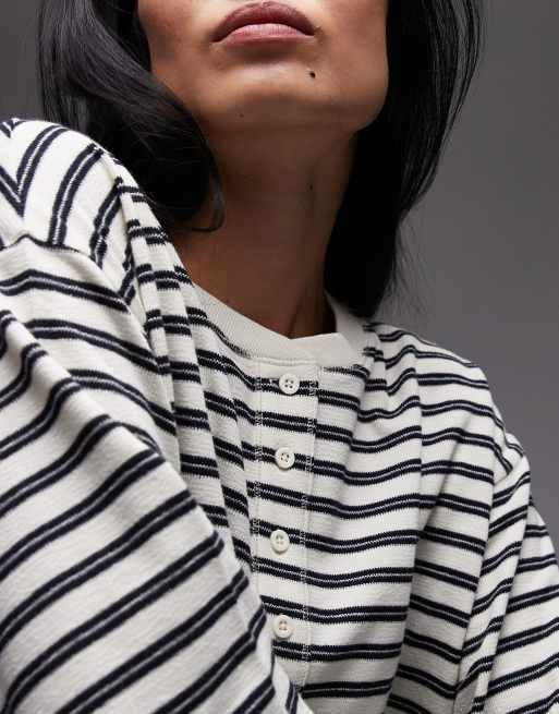 ASOS DESIGN textured henley neck top in cream stripes | ASOS