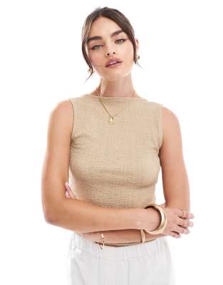 ASOS DESIGN textured slash neck top with back detail in brown | ASOS