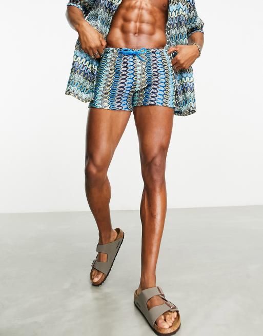 ASOS DESIGN textured swim trunks with crochet in blue - part of a set ...