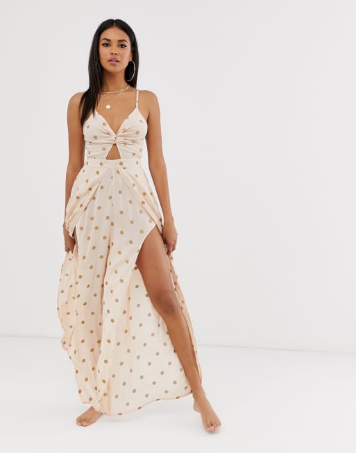 Asos Design Tie Back Beach Jumpsuit With Wrap Legs In Metallic Polka