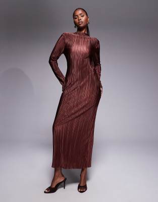 ASOS DESIGN tie back long sleeve plisse dress in chocolate | ASOS