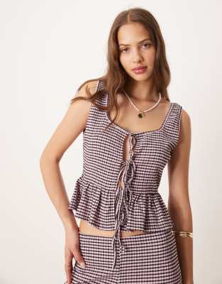 ASOS DESIGN tie detail top in pink and black gingham | ASOS