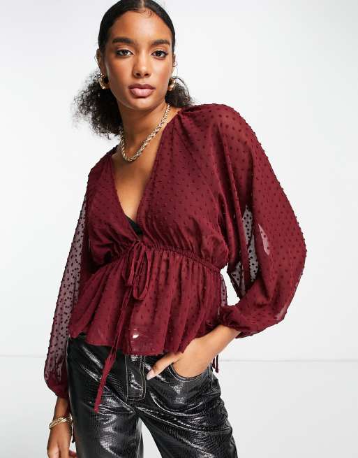 ASOS DESIGN tie front dobby blouse in berry | ASOS