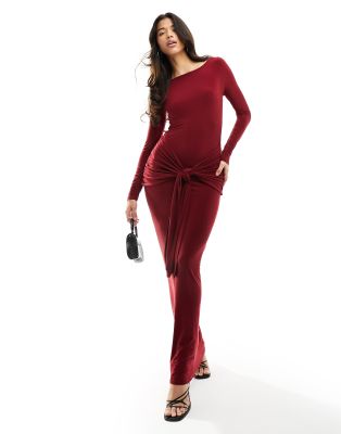 ASOS DESIGN tie front exaggerated drape maxi dress in wine | ASOS