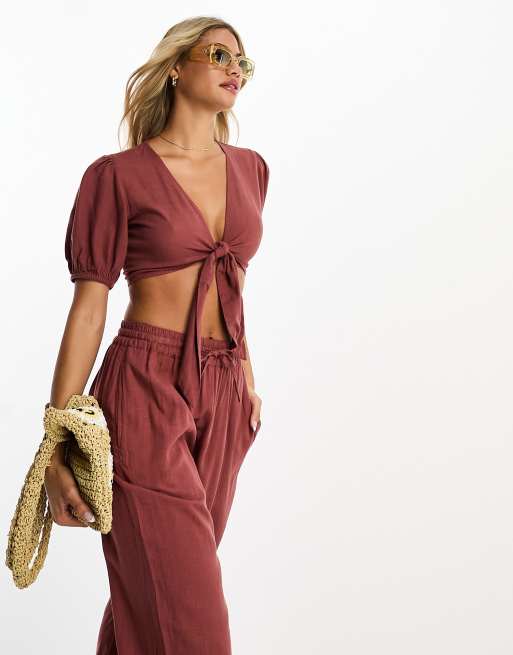 Asos Design Tie Front Top With Linen In Terracotta Part Of A Set Asos