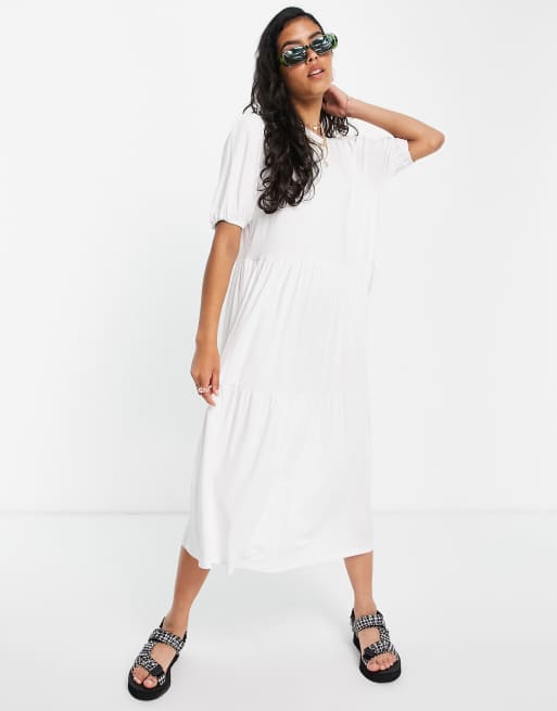 ASOS DESIGN tiered smock t-shirt midi dress in white | ASOS