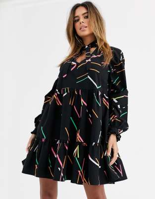 Asos Design Tiered Swing Mini Shirt Dress In Abstract Print Multi