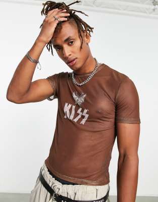 ASOS DESIGN tight fit cropped mesh t-shirt with Kiss print in brown | ASOS