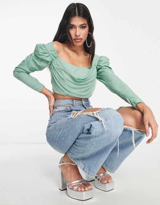 Asos Design Top A Maniche Lunghe A Corsetto Con Spalle A Sbuffo Verde